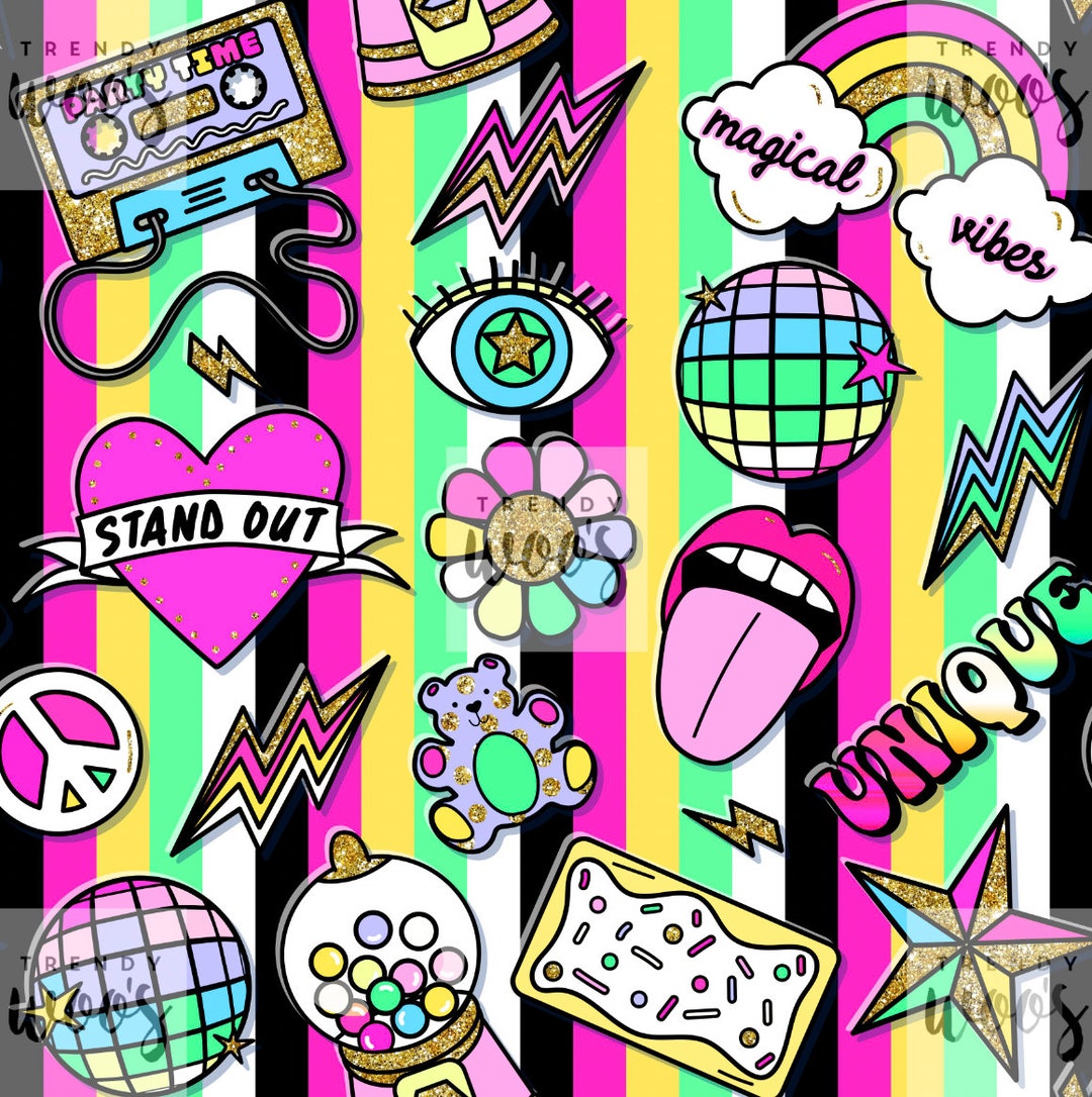 Retro Patches Fun Icons Party Rainbow Kids Children Neon Love Seamless ...