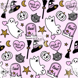 Halloween Ghost Pumpkin Witch Cute Kawaii Retro Pink Seamless Pattern ...
