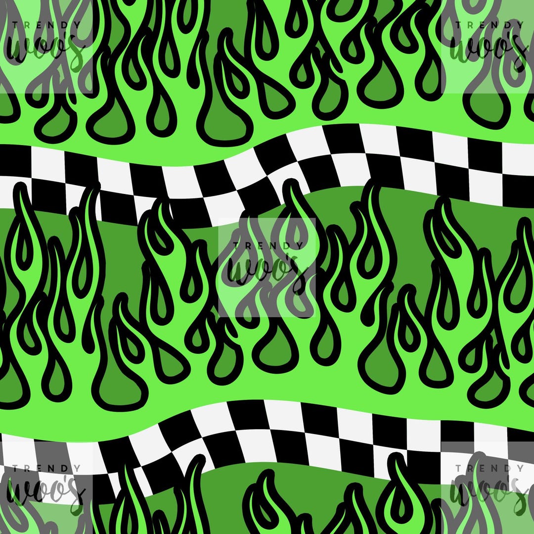 Fire Flame Retro Wave Checkerboard Punk Rock Green Seamless Pattern ...