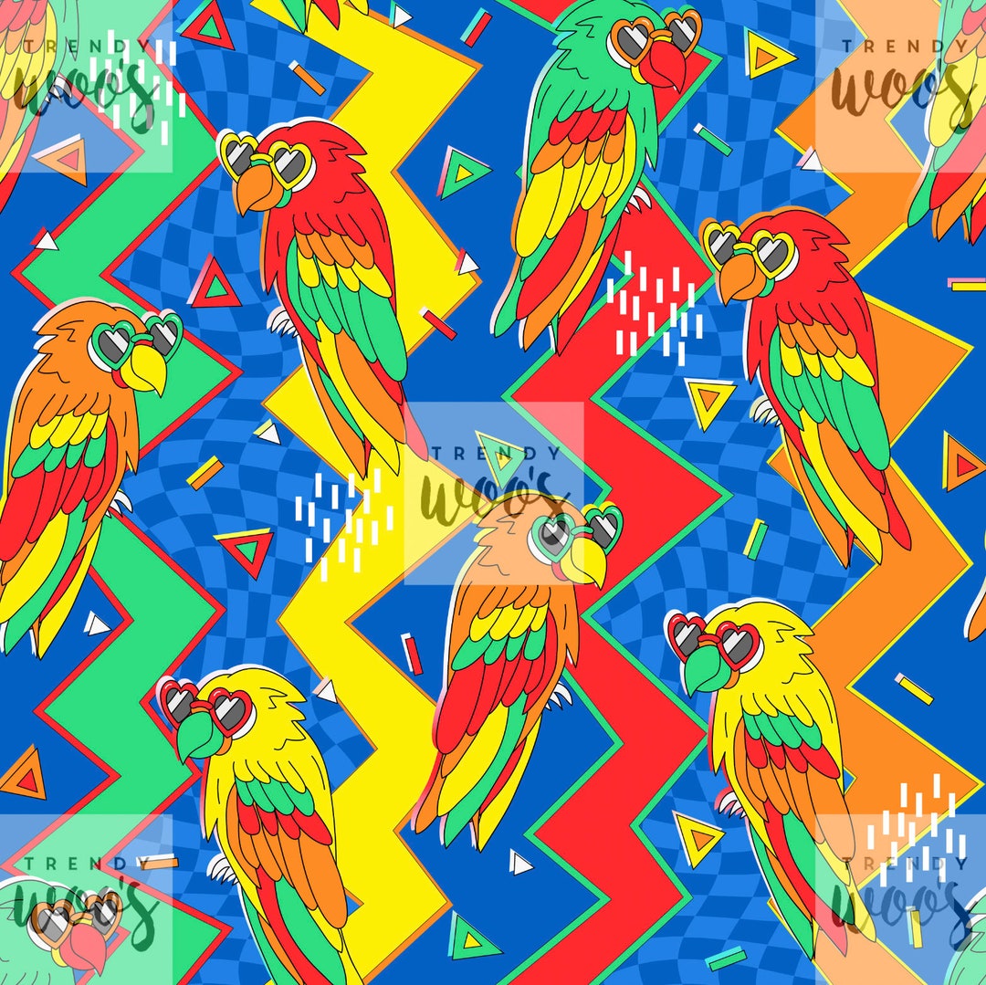 80s 90s Abstract Retro Tropical Shapes Parrots Birds Rainbow Unisex ...
