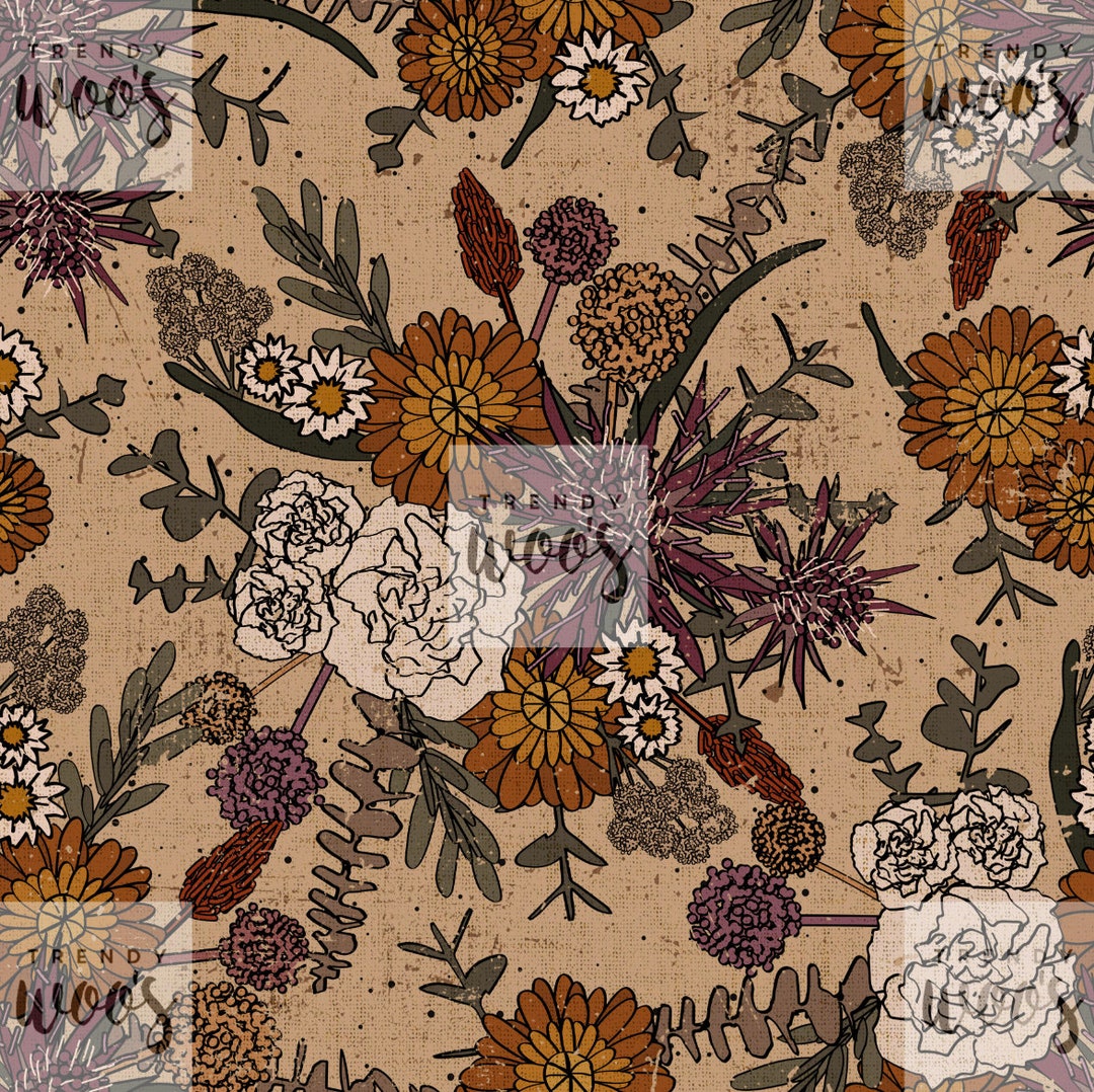 70s Floral Wild Flowers Boho Bohemian Muted Vintage Seamless Pattern ...