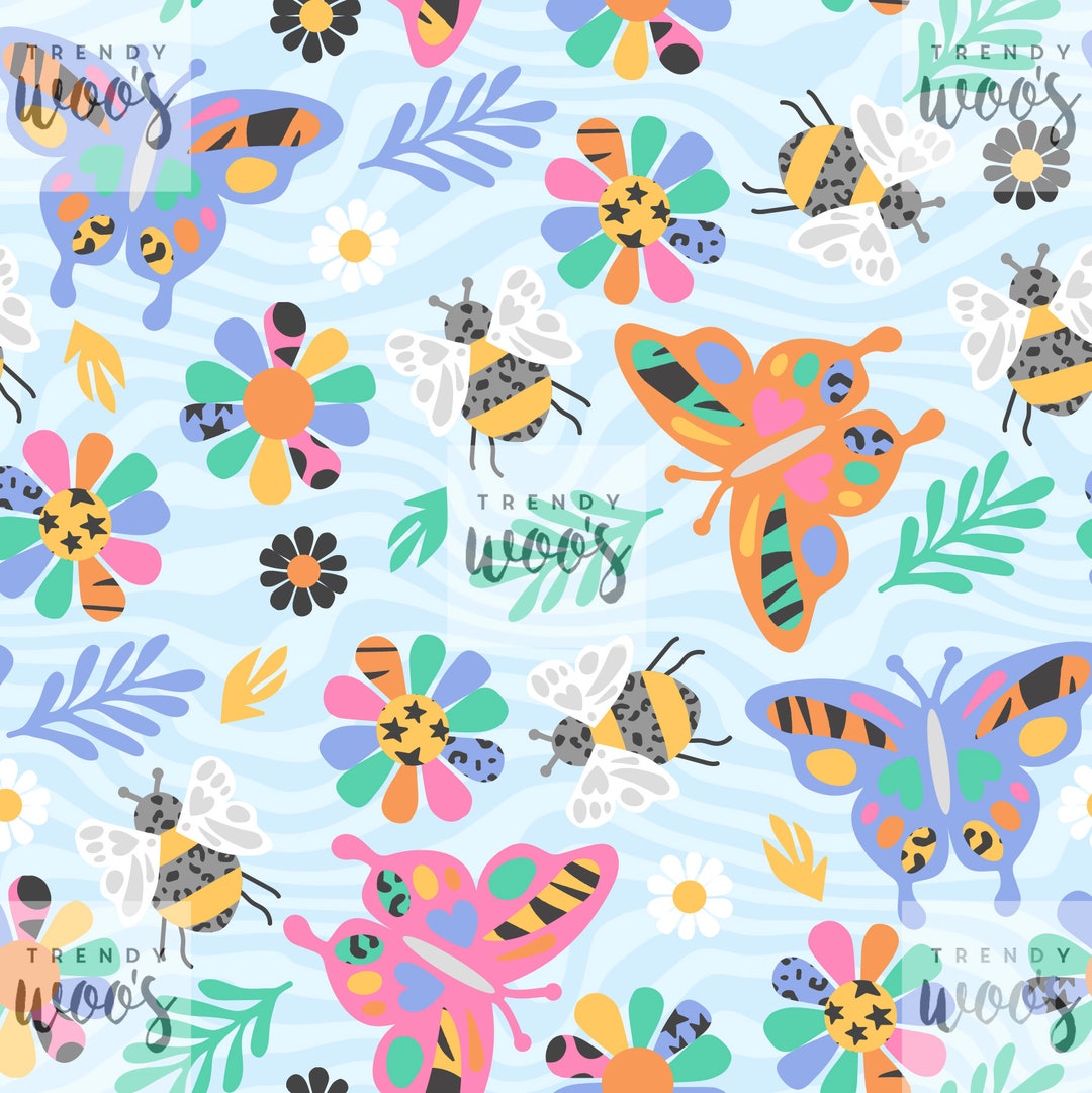 Spring Garden Butterfly Bee Floral Flower Retro Summer Pastel Cute ...