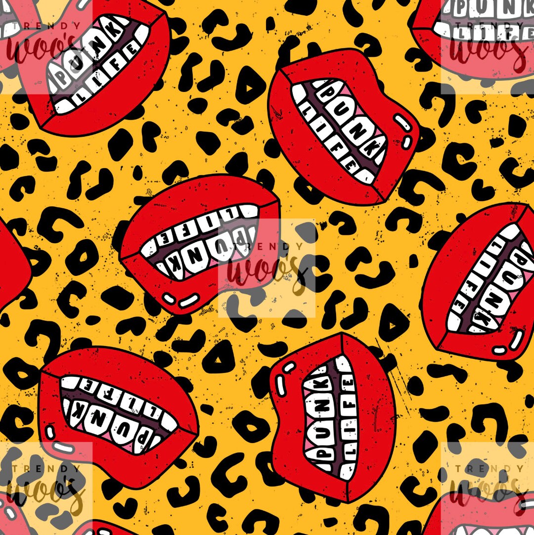 Punk Life Lips Teeth Leopard Print Alternative Rock and Roll Seamless ...