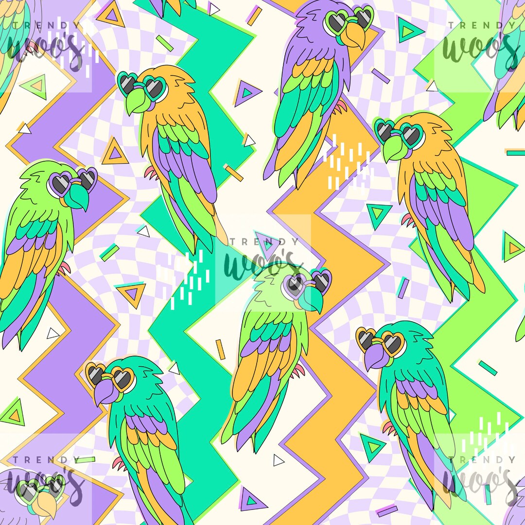 80s 90s Abstract Retro Tropical Shapes Parrots Birds Pastel Seamless ...