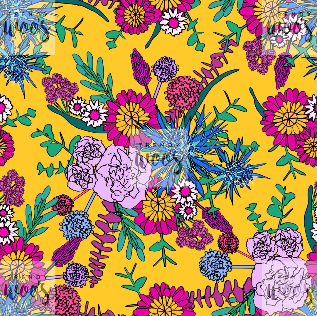 70s Floral Wild Flowers Boho Bohemian Bright Folklore Yellow Seamless ...