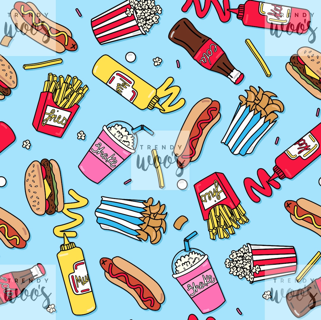 Fast Food Fries Hot Dog Burger Milkshake Retro Vintage Seamless Pattern ...