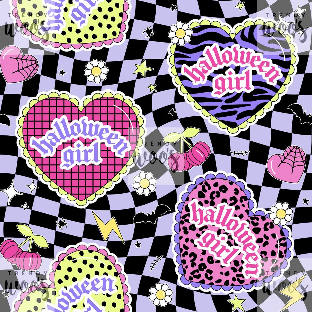 Halloween Girl Preppy Spooky Retro Purple Pink Checkerboard Love Heart ...