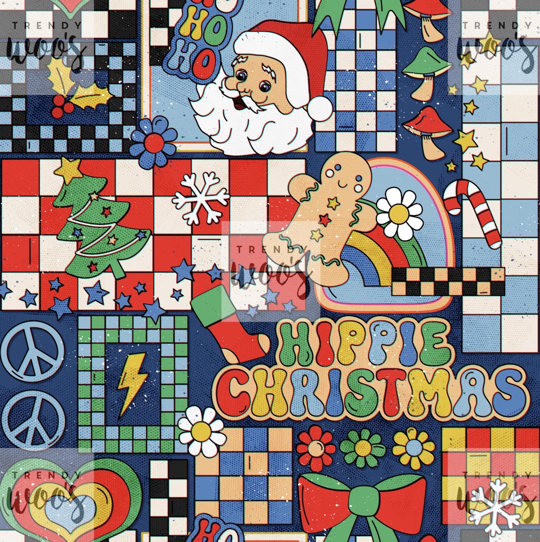 Preppy Retro Hippie Christmas Cute 70s Santa Checkerboard Rainbow ...