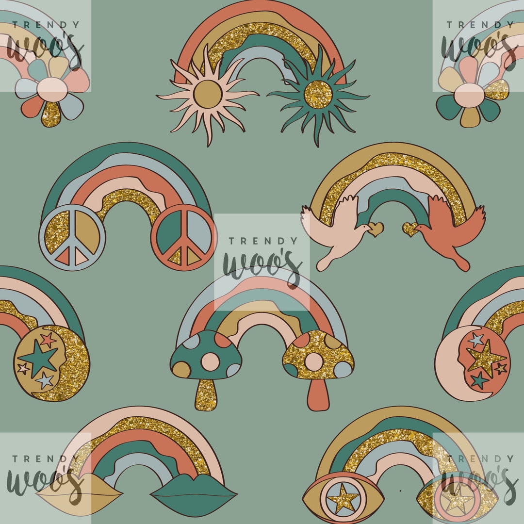 Retro 70s Vintage Rainbow Summer Fun Quirky Hippie Peace Sun Floral ...