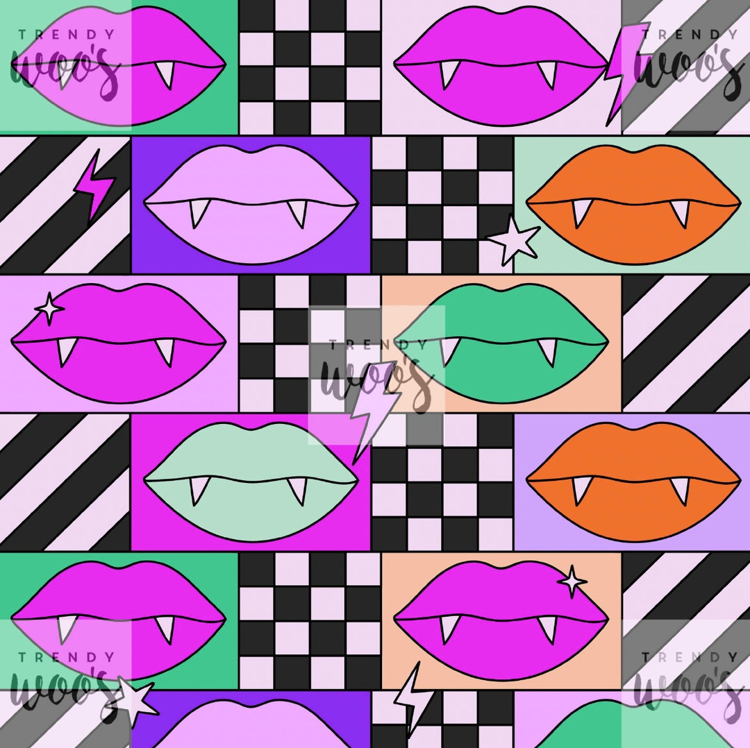 Vampire Fangs Lips Halloween 70s Retro Geometric Pastel Kawaii Seamless ...