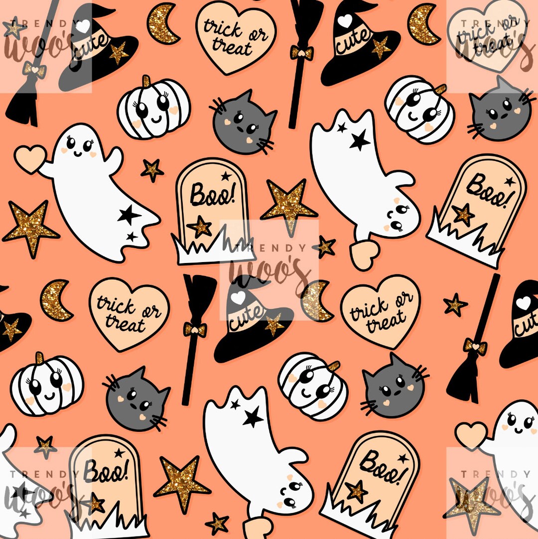 Halloween Ghost Pumpkin Witch Cute Kawaii Retro Peach Seamless Pattern ...