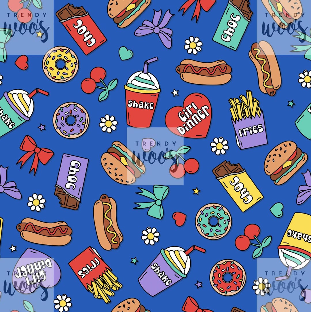 Girl Dinner Fast Food Preppy Bow Teen Fries Burger Hotdog Shake Cherry ...