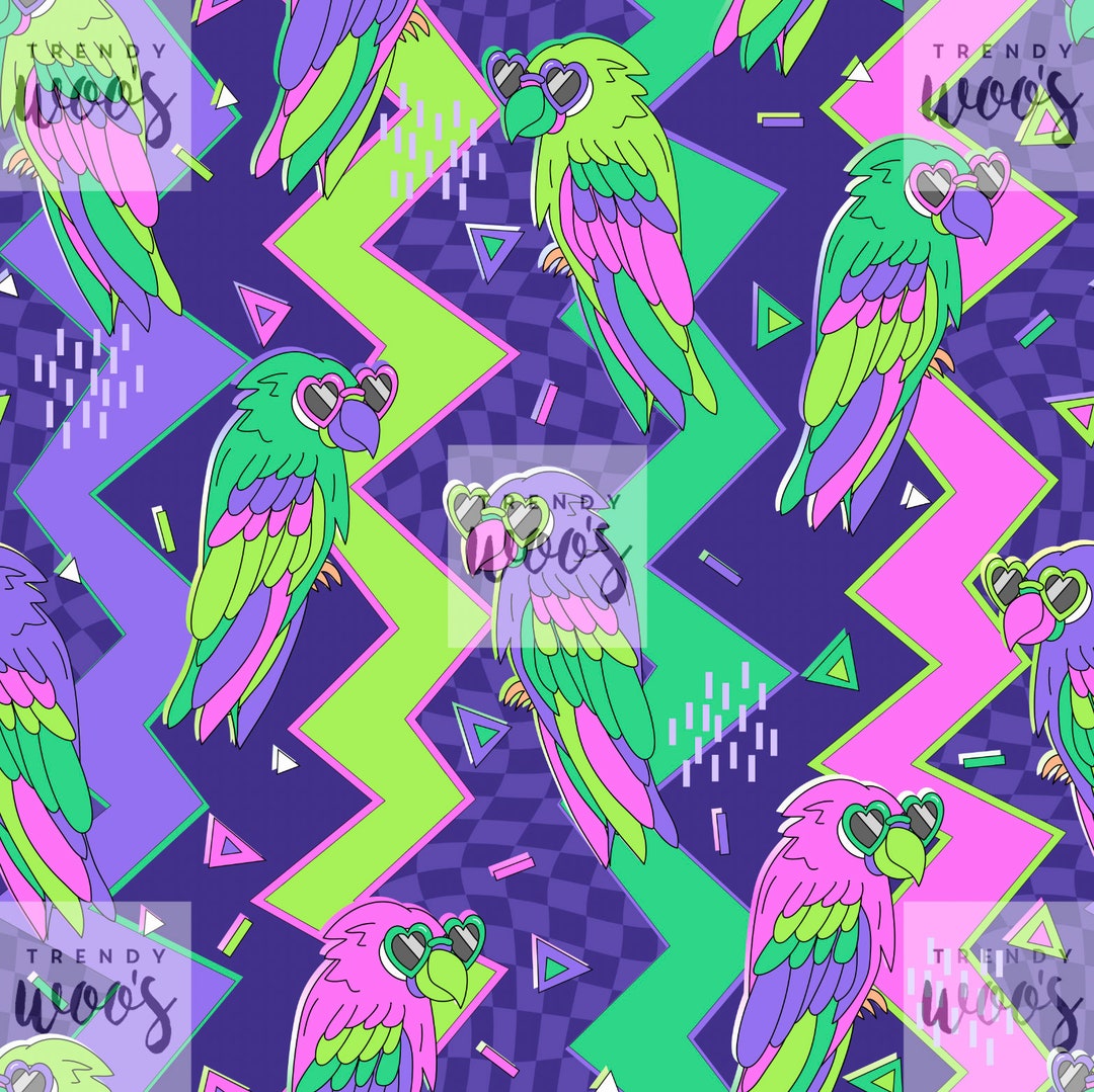 80s 90s Abstract Retro Tropical Shapes Parrots Birds Pastel Seamless ...