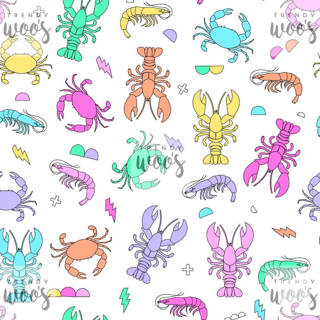 Crustacean Summer Beach Crab Lobster Shrimp Prawn Retro Pastel Seamless ...