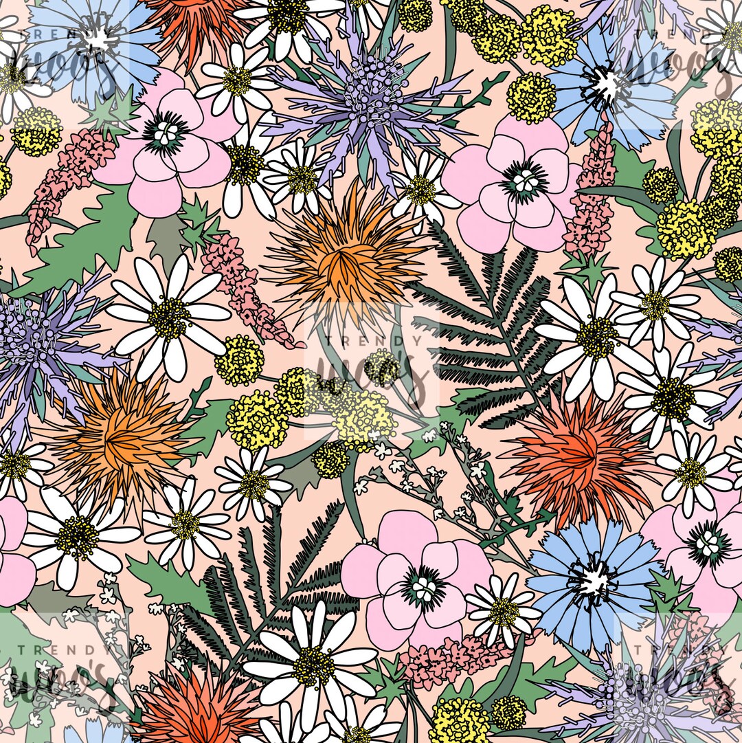 70s Floral Wild Flowers Spring Boho Seamless Pattern / Fabric Design ...
