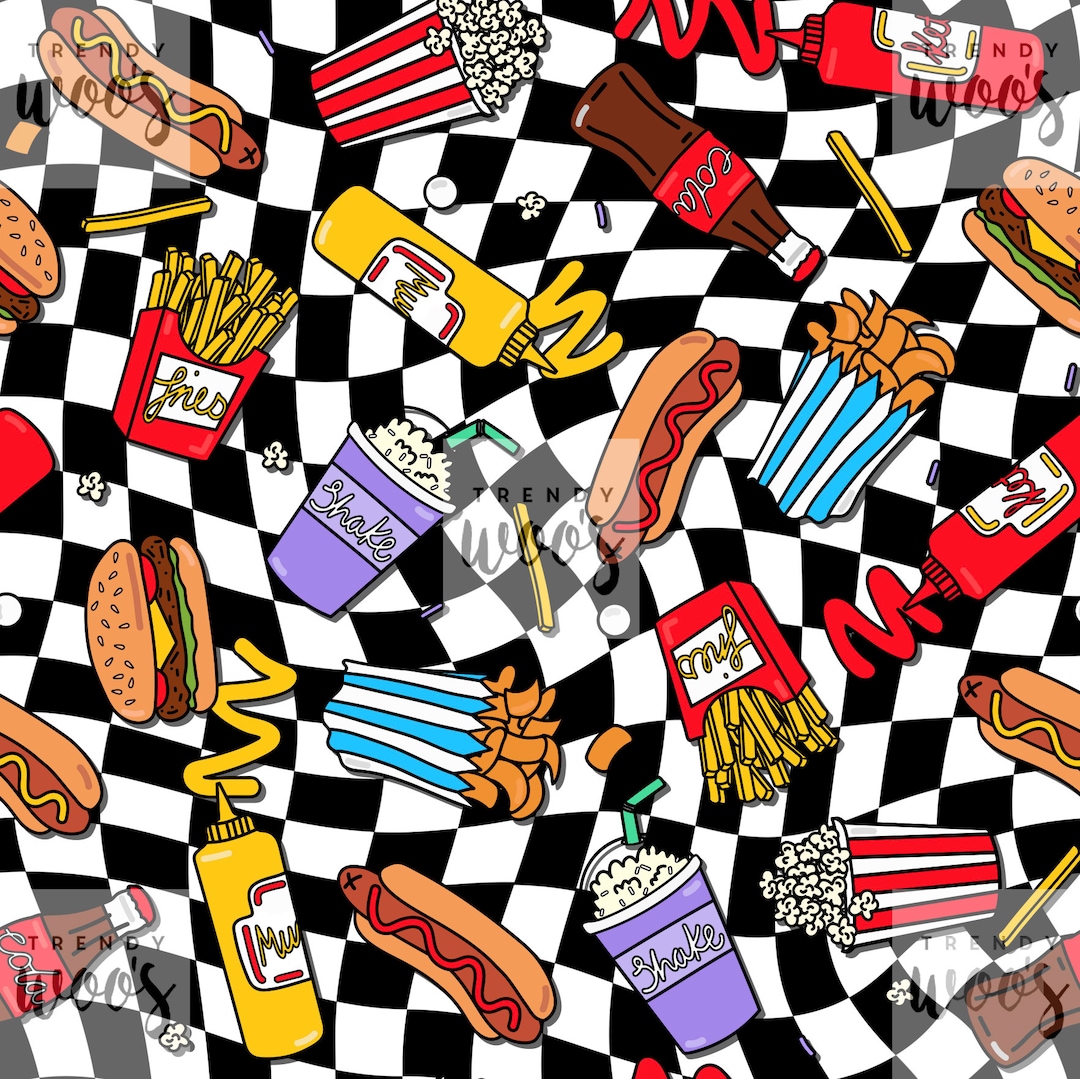 Fast Food Fries Hot Dog Burger Milkshake Seamless Pattern / Fabric ...