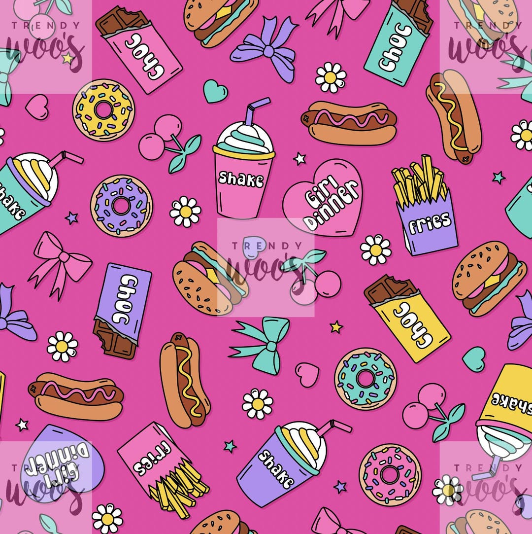 Girl Dinner Fast Food Preppy Bow Teen Fries Burger Pink Shake Cherry ...