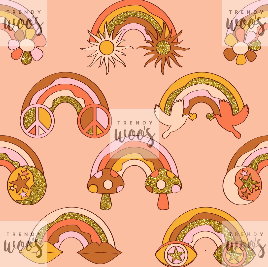 Retro 70s Vintage Rainbow Summer Fun Quirky Hippie Peace Sun Floral ...