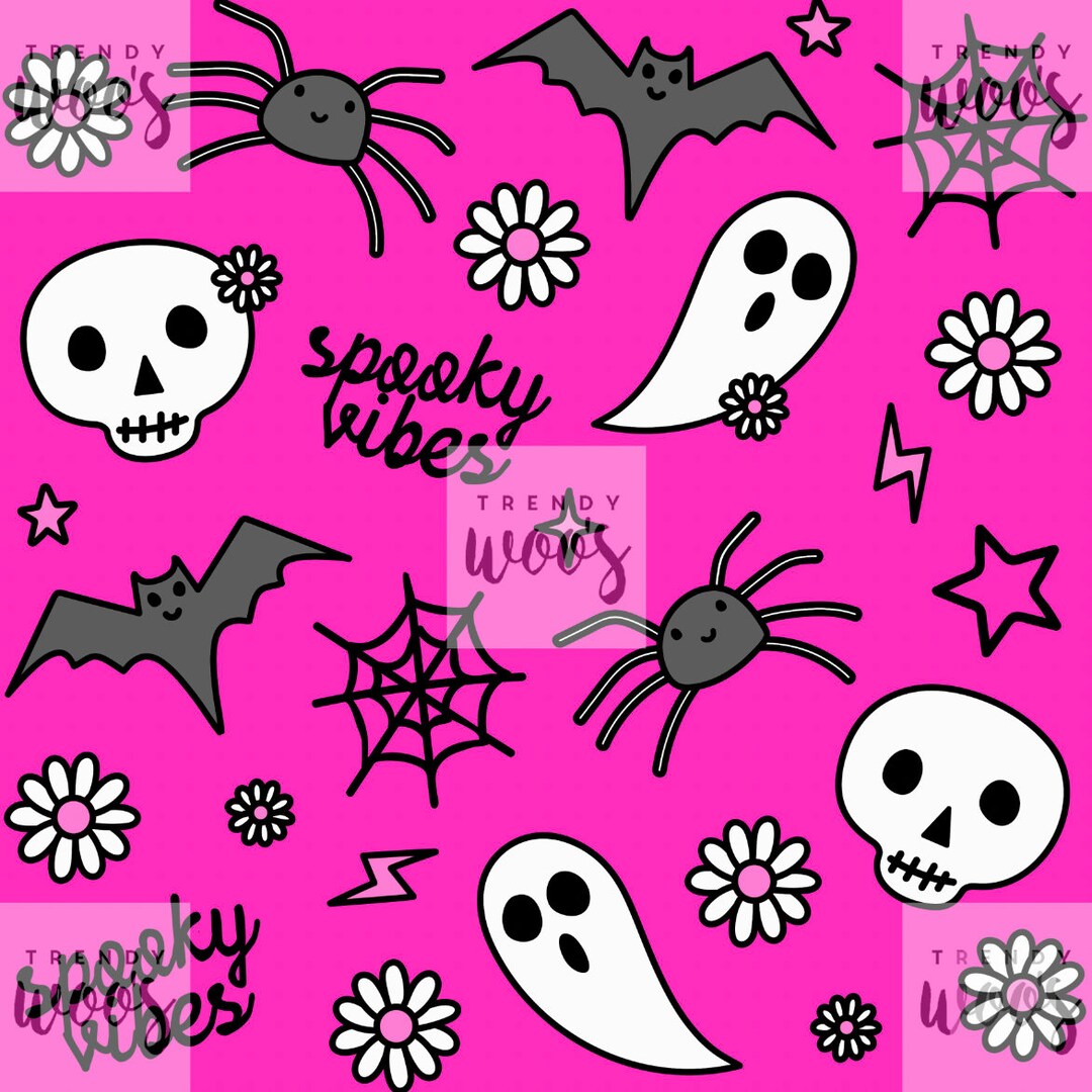 Spooky Vibes Ghost Skull Halloween Cottagecore Pink Floral Cute ...