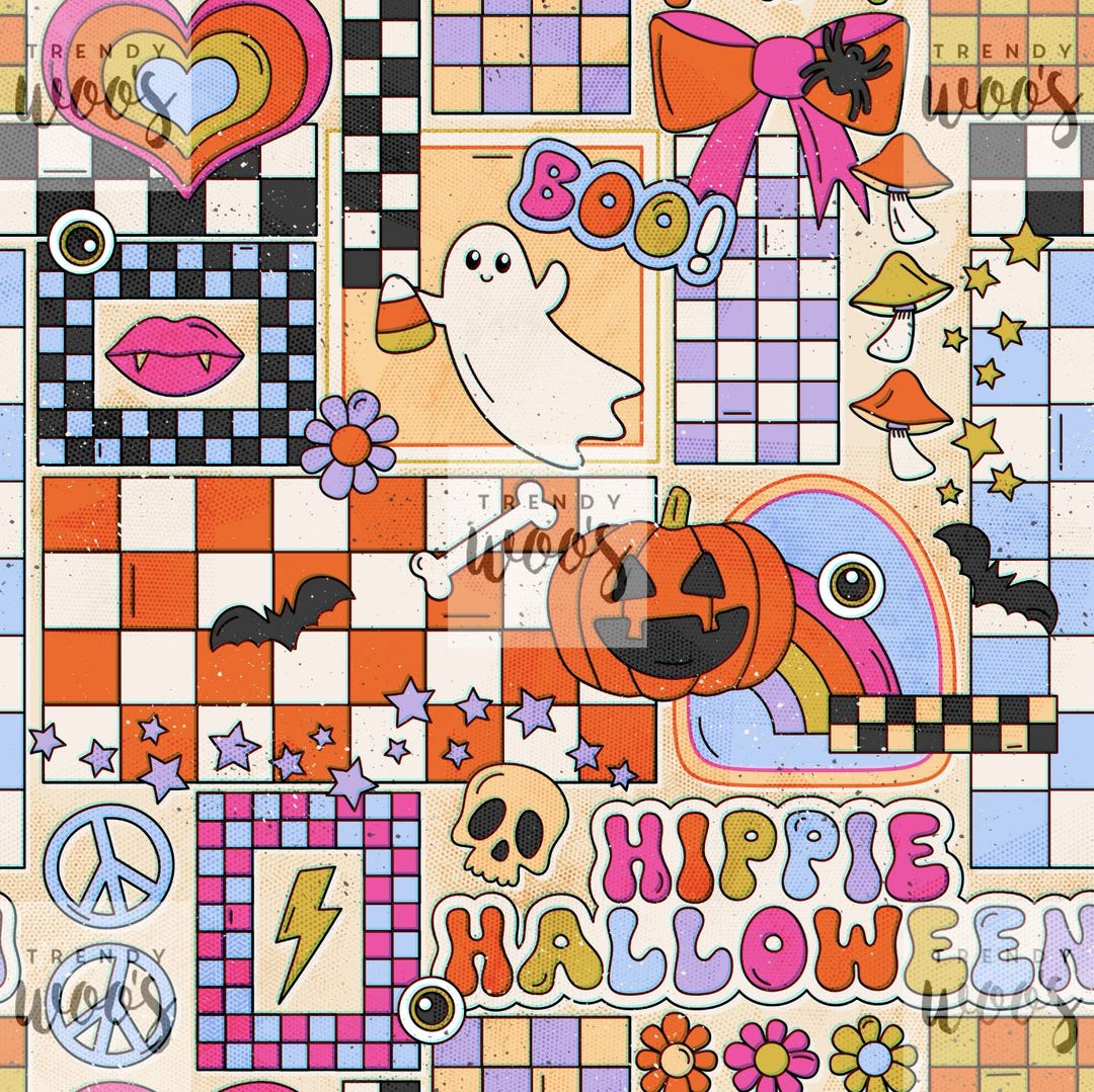 Preppy Retro Halloween Cute Hippie 70s Pumpkin Ghost Seamless Pattern ...