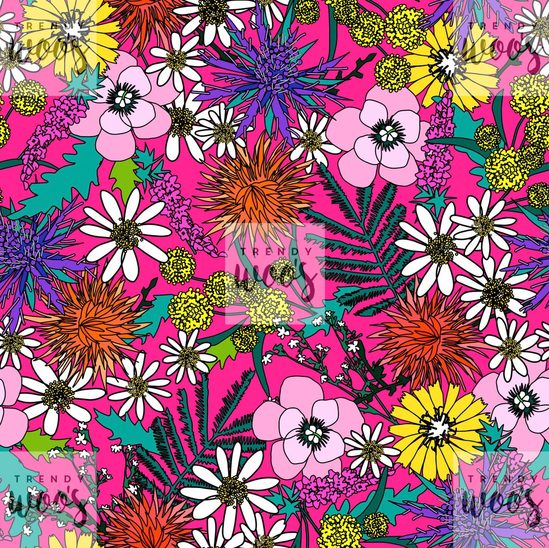 70s Floral Colourful Summer Retro Bright Flowers Pink Daisies Seamless ...