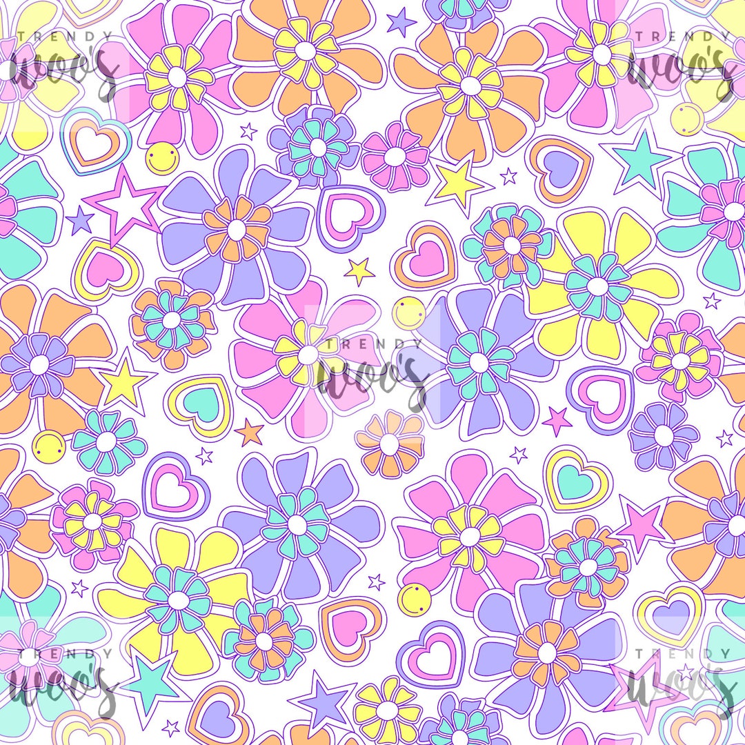 Retro Summer Floral Flowers 90s Pastel Girls Boho Heart Star Smile ...