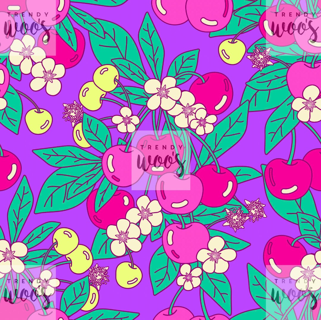 Vintage Cherries Cherry Fruit Floral Summer Neon Retro Fun Quirky Pink ...