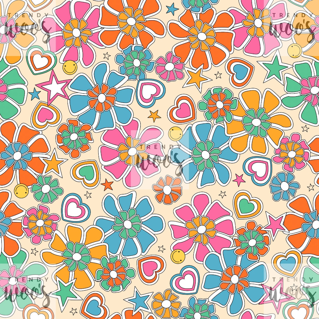 Retro Spring Summer Floral Flowers 90s Peach Girl Boho Heart Star Smile ...