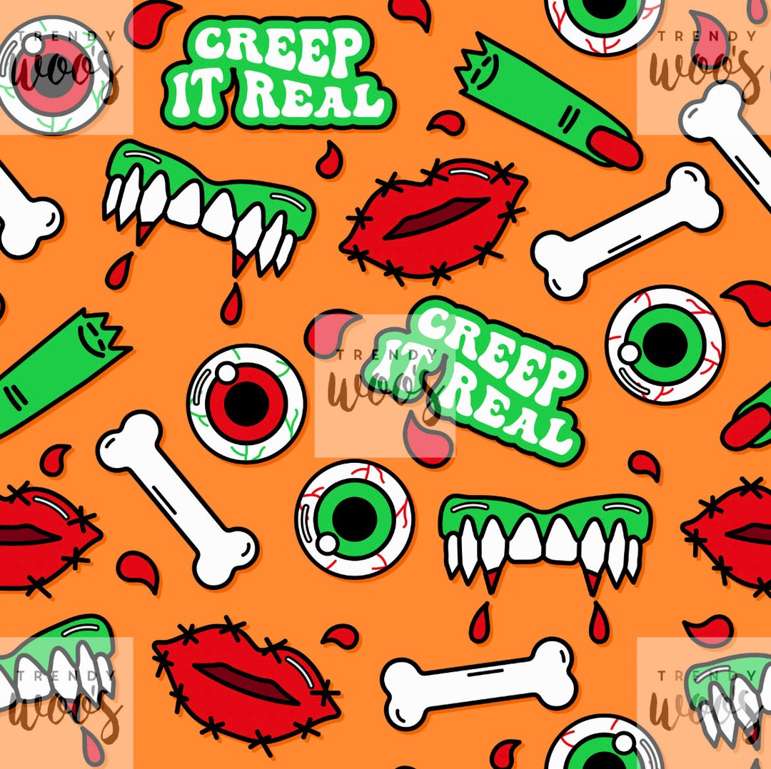 Creep It Real Halloween Body Parts Retro Spooky Orange Seamless Pattern ...