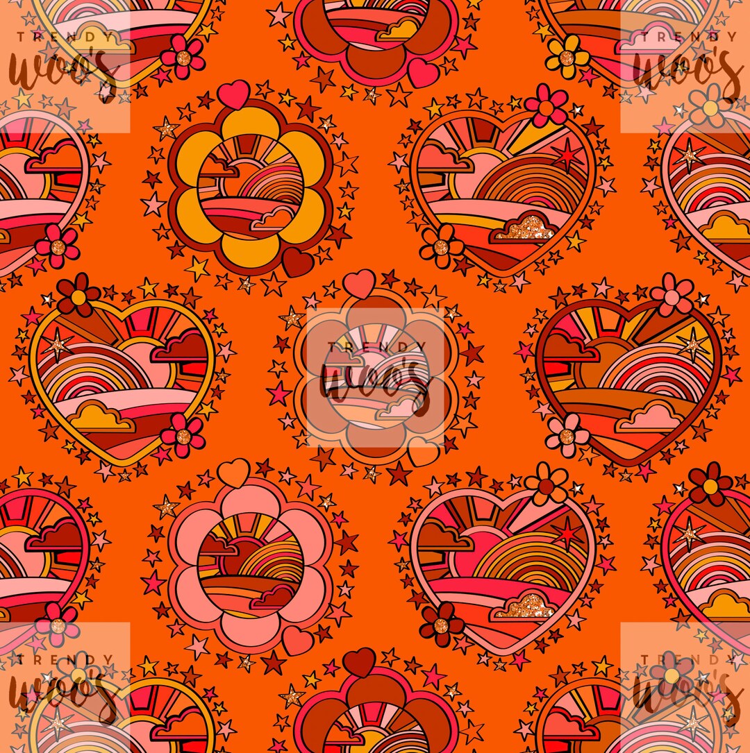 60s 70s Vintage Retro Abstract Floral Heart Art Nouveau Boho Orange ...