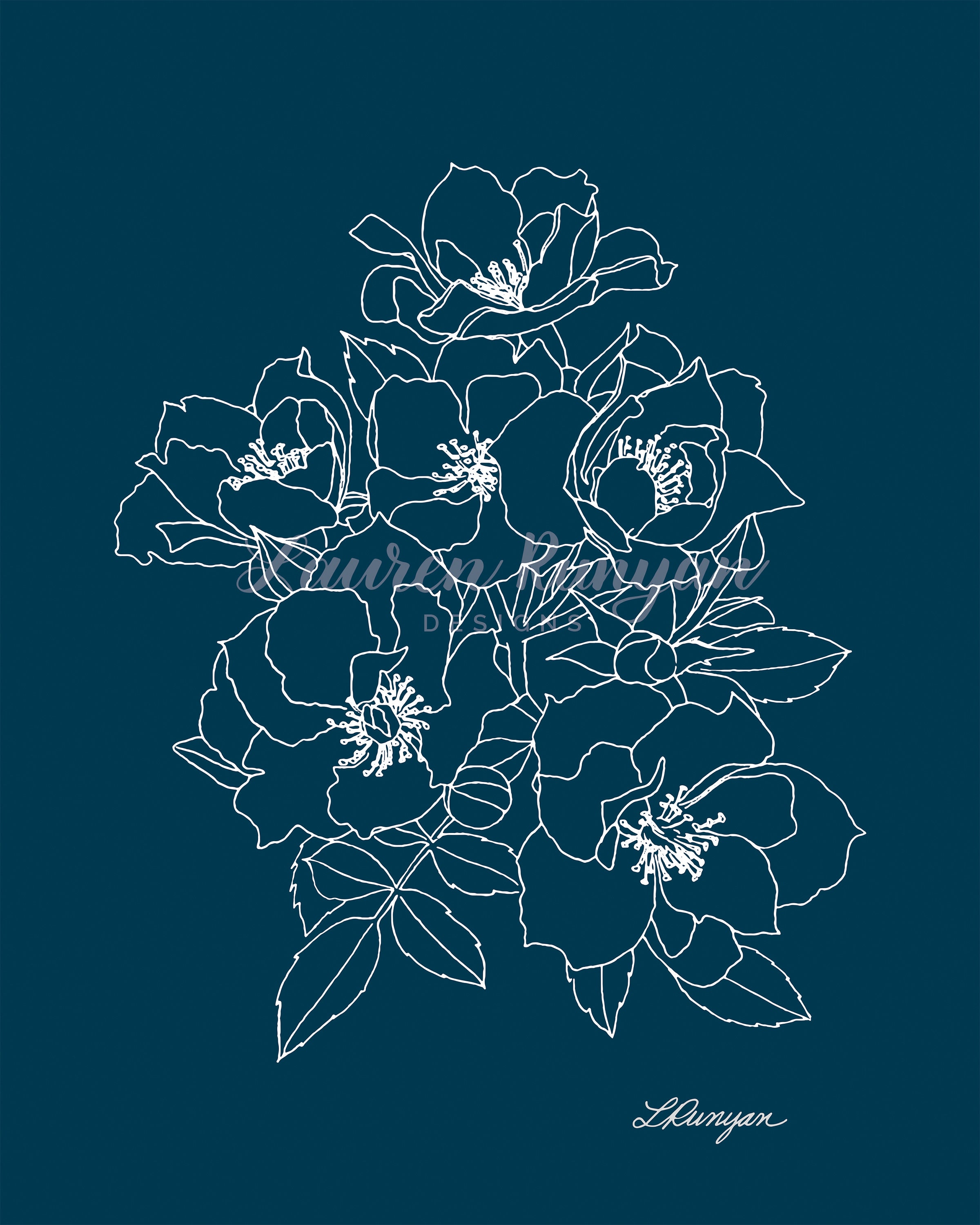 DIGITAL DOWNLOAD, Rose Illustration in Blue, Botanical Rose Bouquet ...
