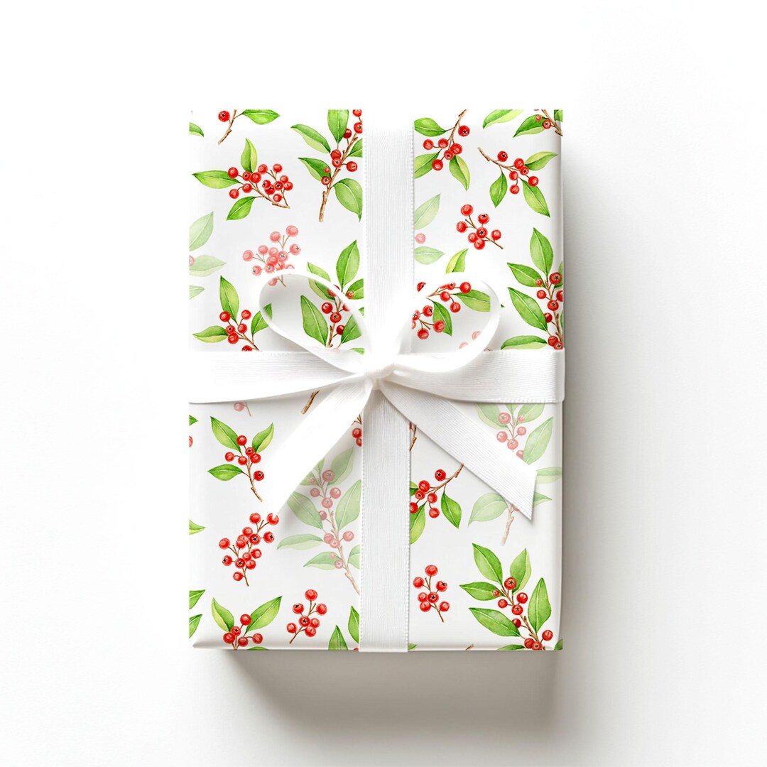 Christmas Wrapping Paper Watercolor Winter Berries, Winter Holiday Gift ...