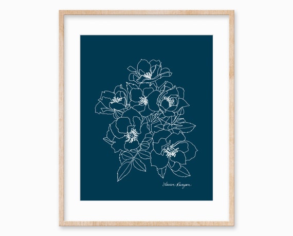 Navy Botanical Floral Art Print Wall Decor Blue Floral Rose | Etsy