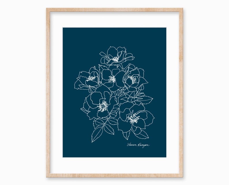 Navy Botanical Floral Art Print Wall Decor, Blue Floral Rose Wall Art ...