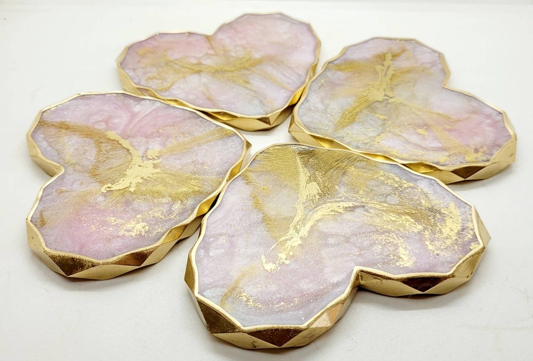 Pink and Gold Heart Shaped Coasters/ Diamond Edge Coasters/ Pink Heart ...