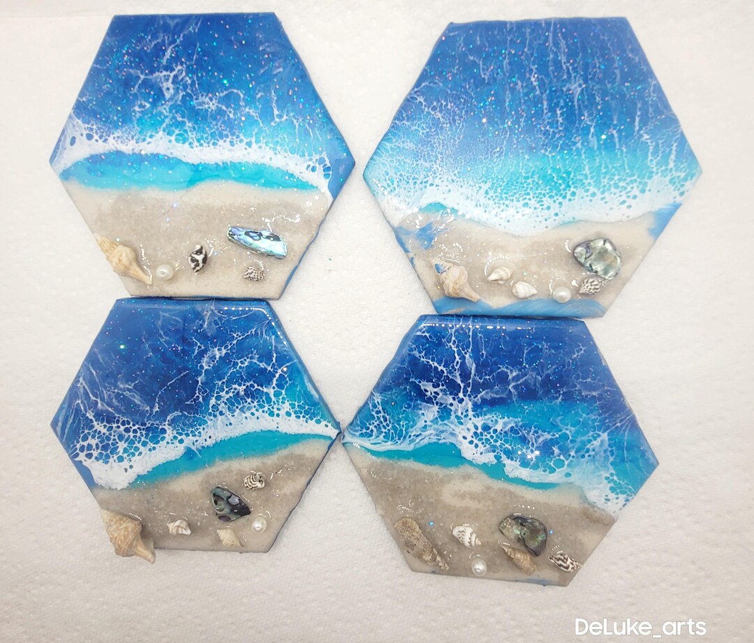 Ocean Themed Resin Coasters/ Hexagon Shaped Coasters/ Resin on Wood ...