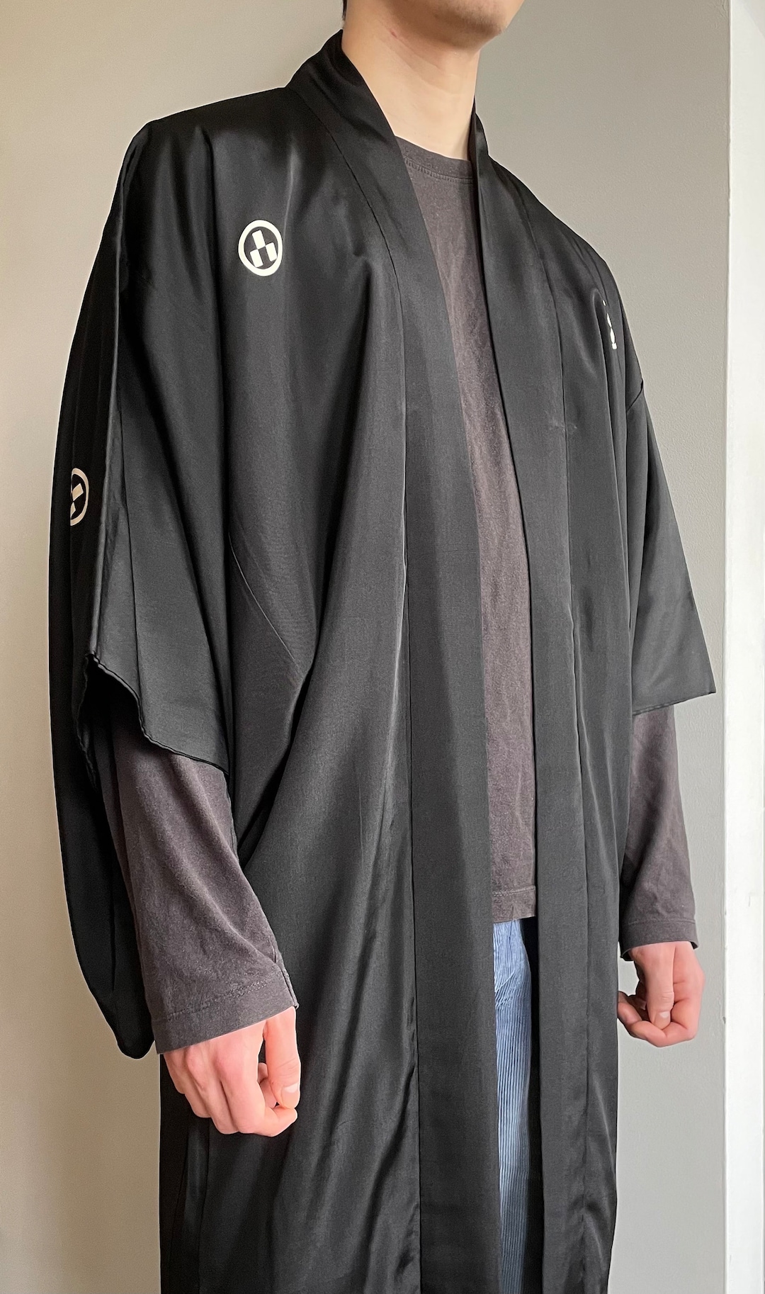 Men's Silk Long Haori Jacket With Kamon Family Crescents Print Japanese ...