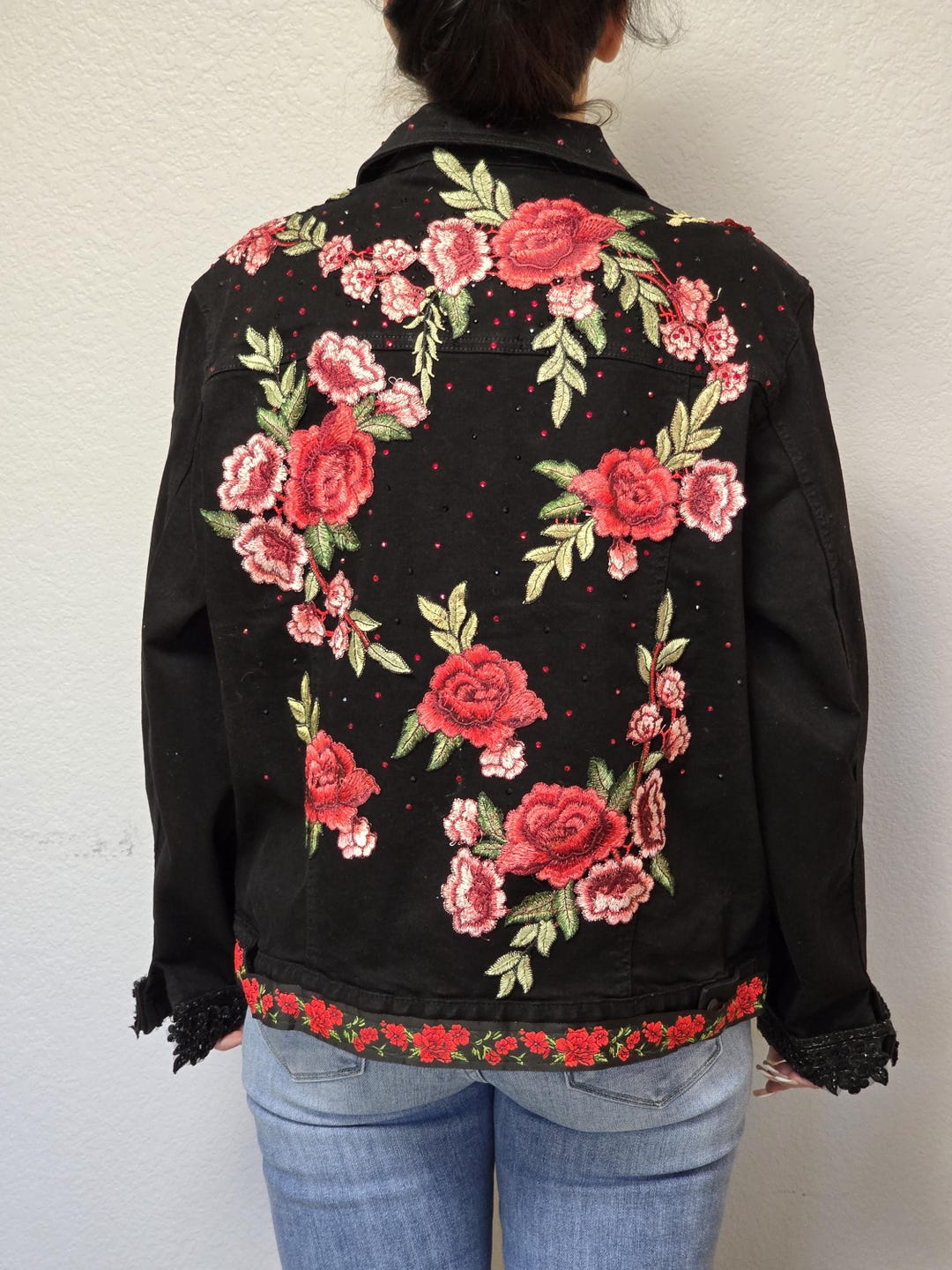 Black and Red Roses Gipsy Bohemian Oversize Denim Jacket, Lace Upcycle ...