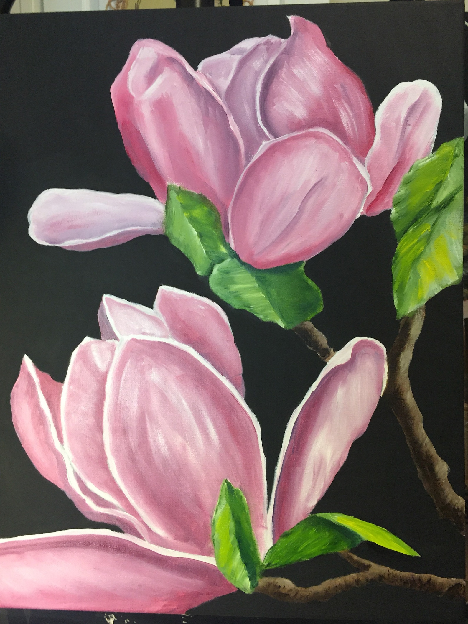 Pink Magnolia Oil Painting on Black Background Oil Painting | Etsy