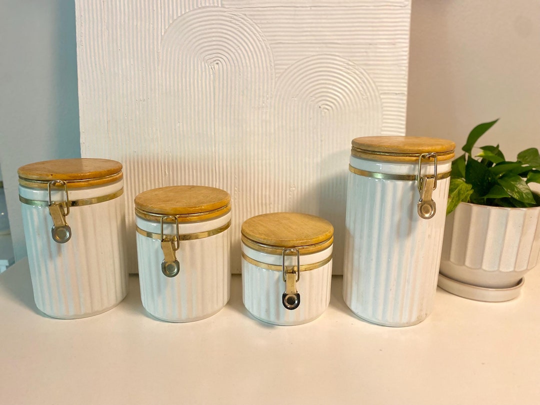 Vintage Ceramic and Metal Containers With Wood Lids, Set of 4 - Etsy