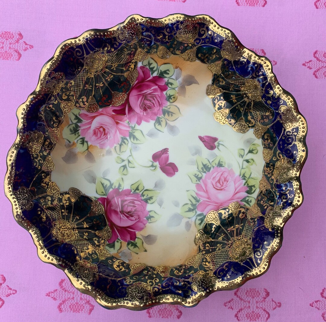 Antique Gorgeous Nippon Cobalt Roses Bowl - Etsy