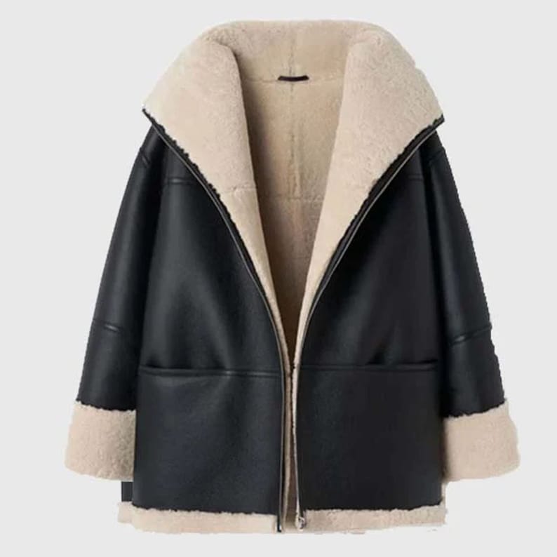 Womens Oversized Shearling Jacket, Black Genuine Leather Sherpa Jacket ...