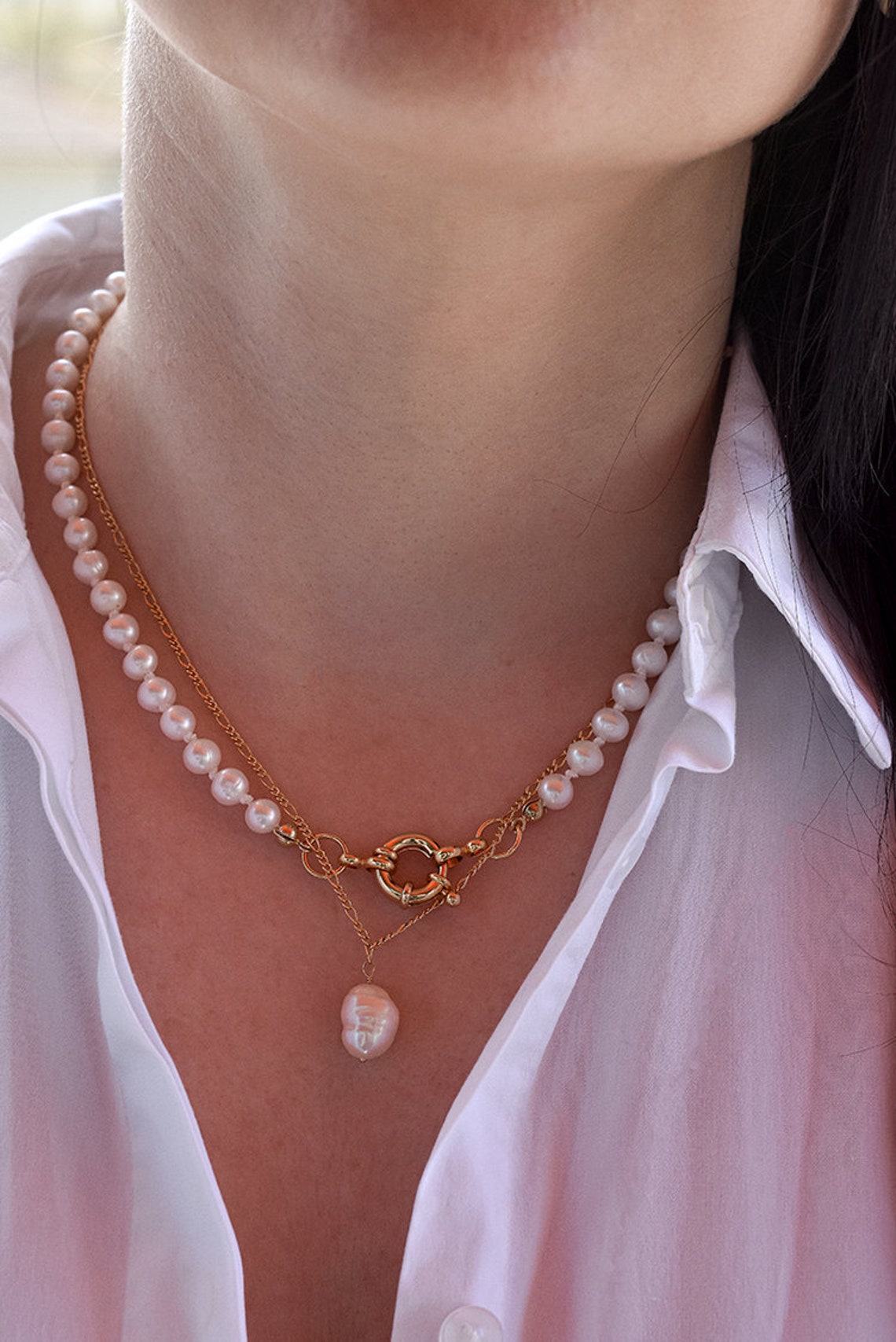 Pearly Necklace Nautical Clasp Freshwater Pearl Necklace Pearl Etsy