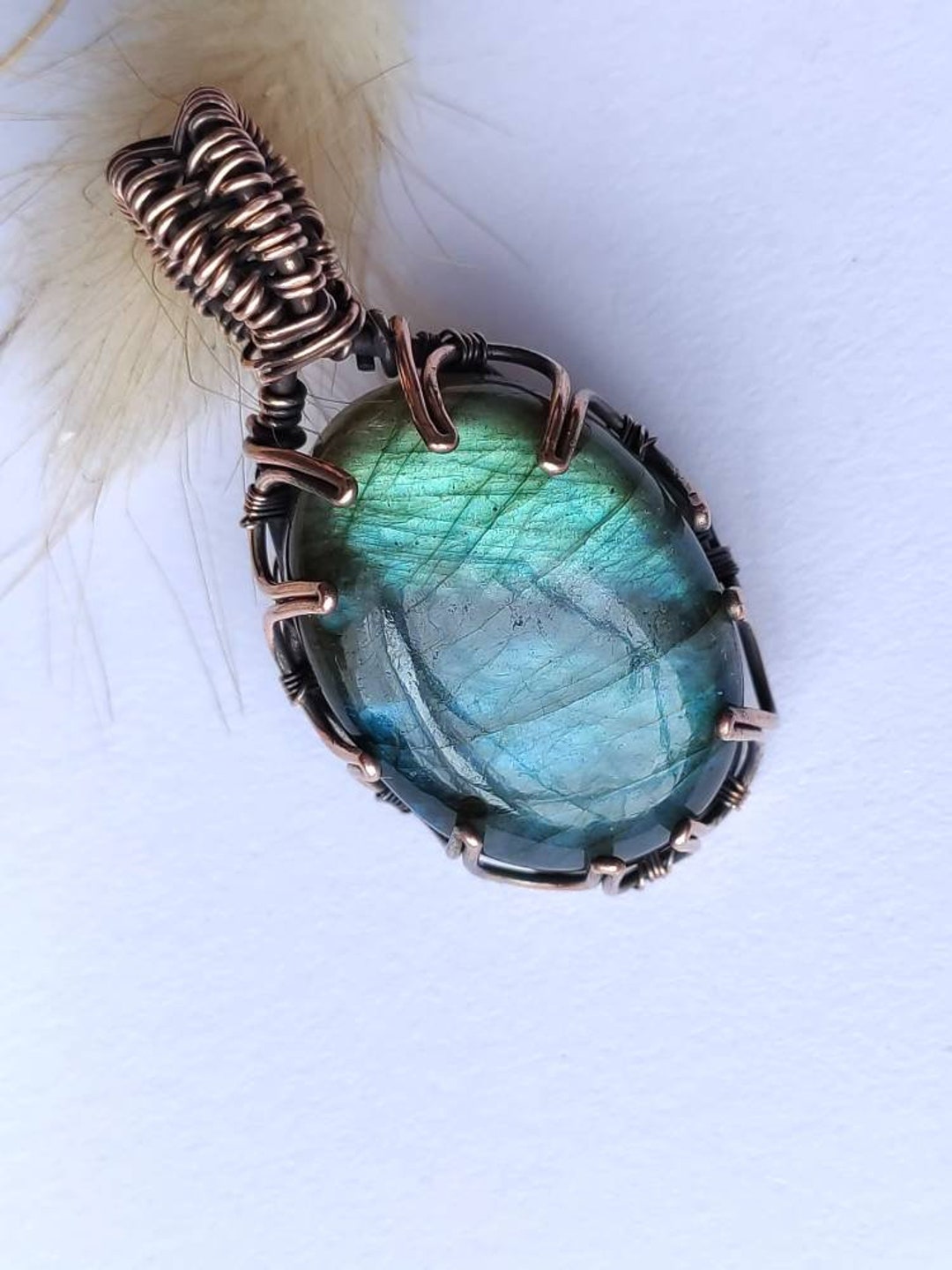 Blauer Labradorit Halskette Anhänger, Kupfer gewickelt Edelstein, natürlicher Kristall Schmuck ...