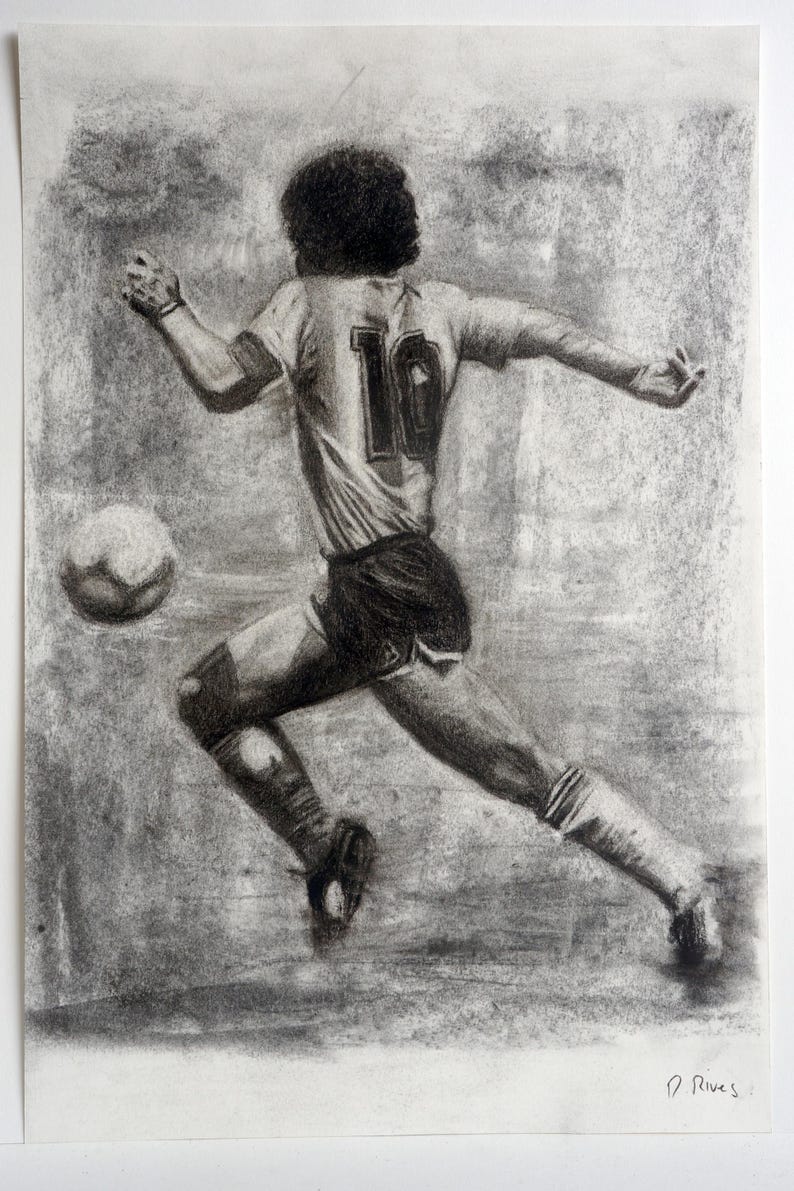 10 X 15 Inch ORIGINAL Charcoal Drawing of "maradona" - Etsy