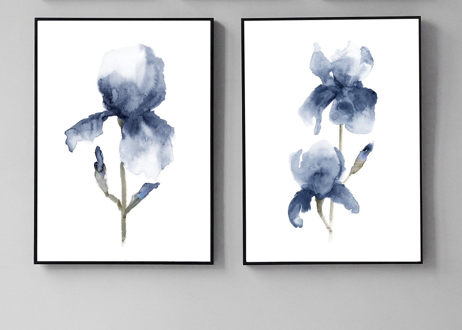 Navy Blue Flower Watercolor Set of 2 Prints Floral Large - Etsy