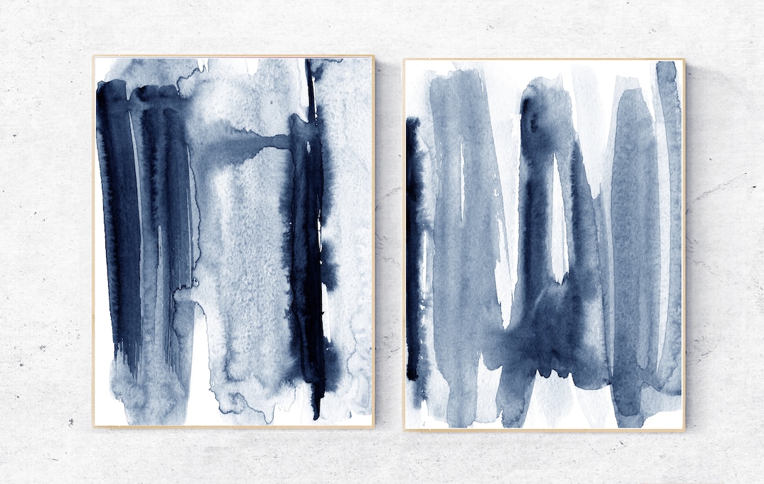 Set of 2 Navy Blue Abstract Prints, Scandinavian Navy Blue Prints, Set ...