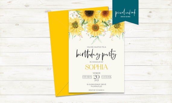 Sunflower Birthday invitation - Watercolour Sunflower design by Pixel ...