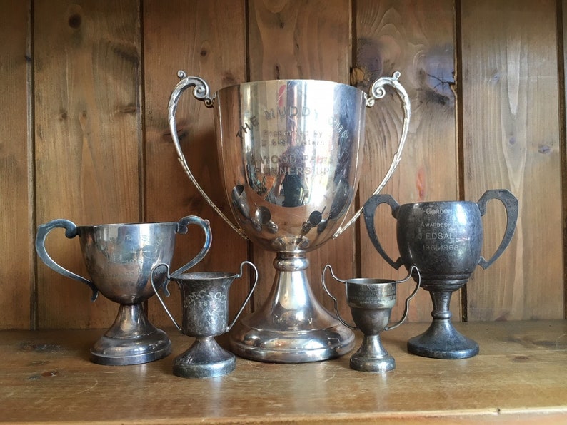 vintage collection of 5 silver plate sporting trophies cups sporting ...