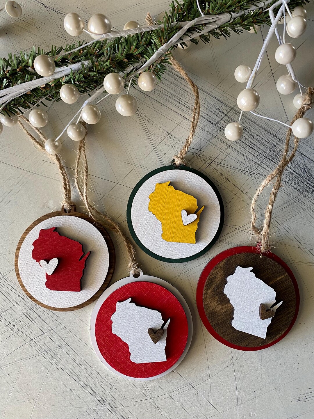 Handmade Wisconsin Small Round Ornament With Heart - Choose Your Colors ...